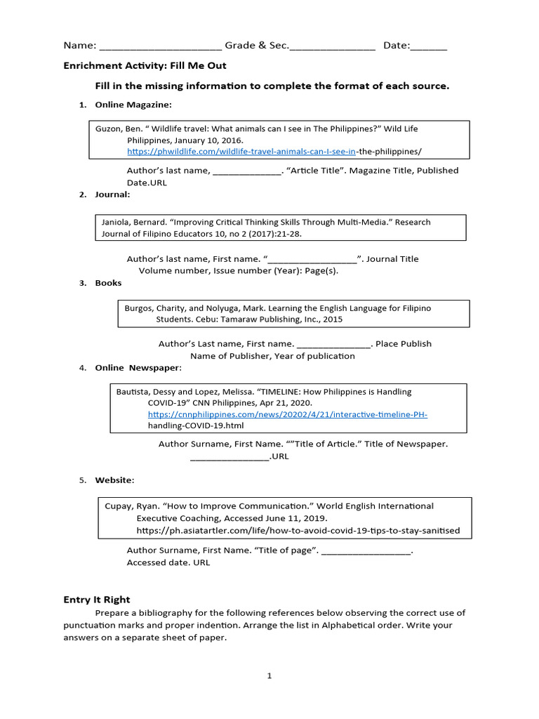 Bibliography Enrichment Activity Evaluation With Key Answer | PDF