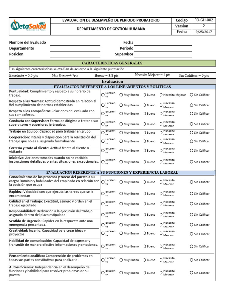 FO-GH-002 Evaluacion de Desempeño Periodo Probatorio | PDF