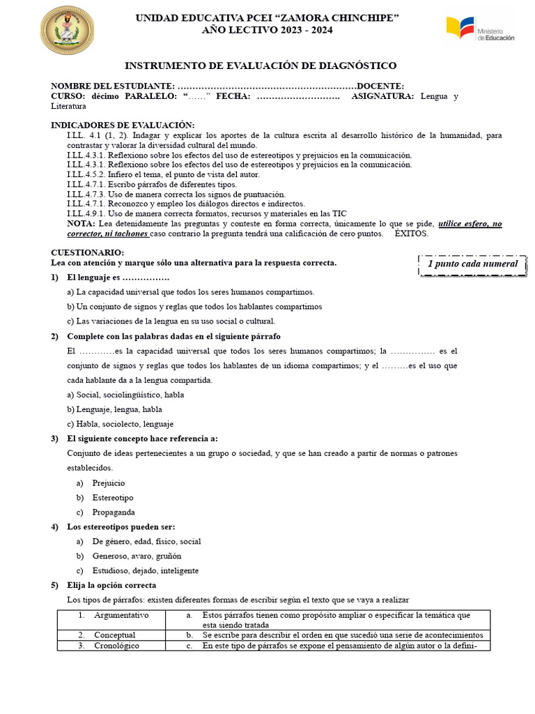Evaluación de Diagnóstico 10mo EGB | PDF | Puntuación | Estereotipos