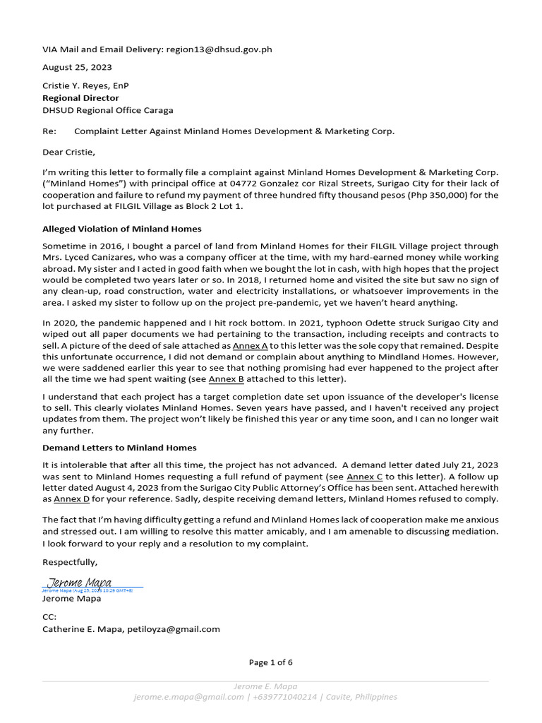 2023-08-25 Complaint Letter Against Minland Homes | PDF