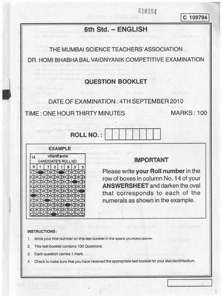 Homi Bhabha Std.6 2010 Q Paper | PDF