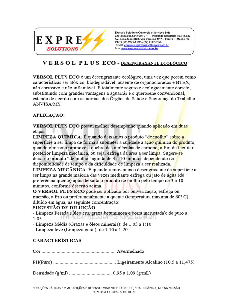 Desengraxante VERSOL PLUS ECO | PDF
