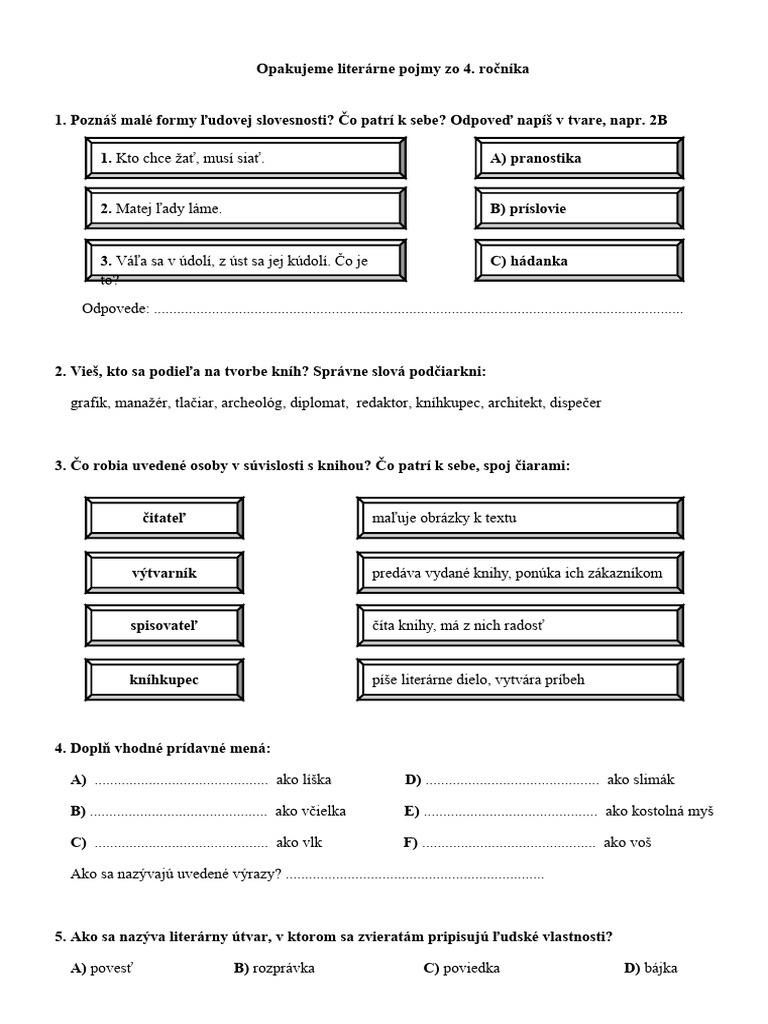 Opakujeme Literárne Pojmy Zo 4. Ročníka | PDF