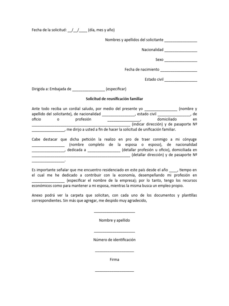 Modelo de Carta de Reagrupación Familiar para Esposo | PDF