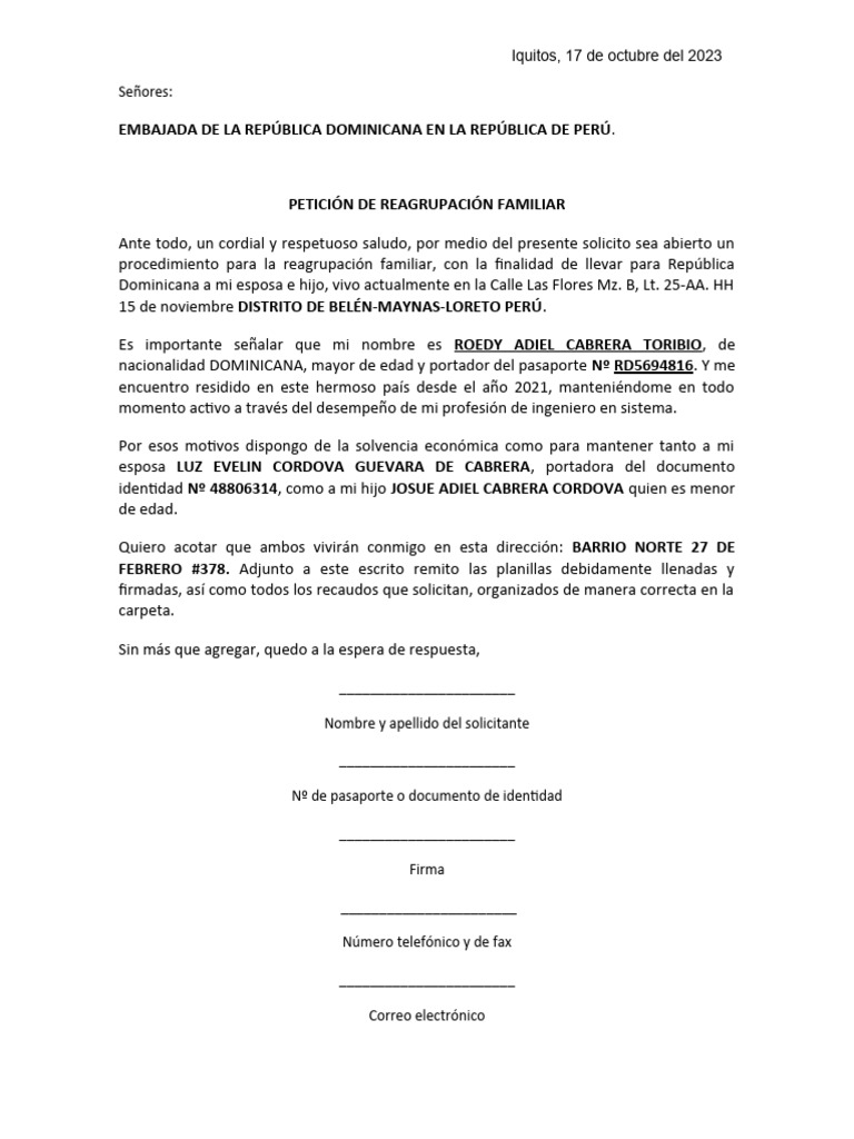 Plantilla de Carta de Reagrupación Familiar para Esposo e Hijo | PDF