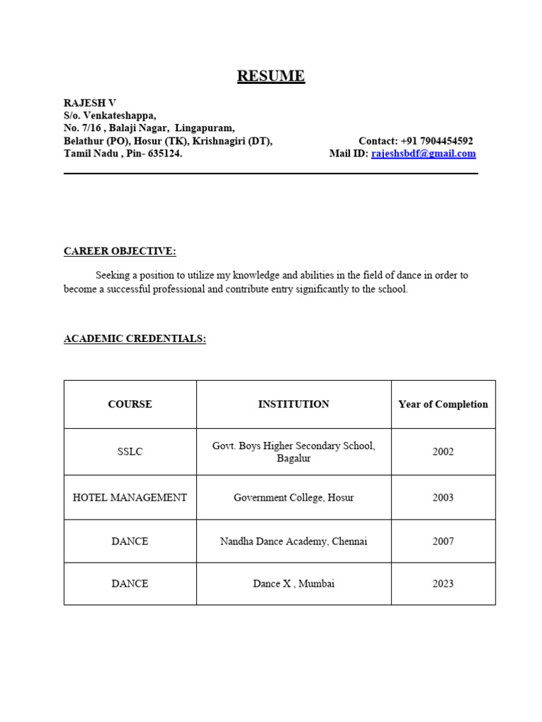 Rajesh Master Dance Resume | PDF | Dances