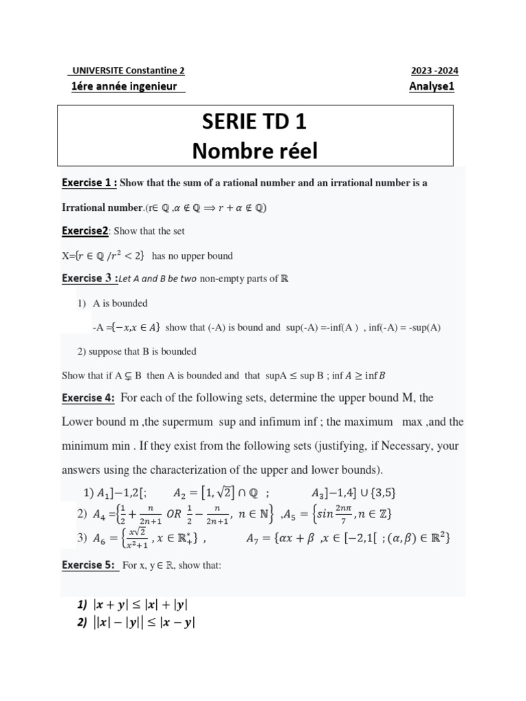 TD 1 Real Numbers | PDF | Rational Number | Number Theory