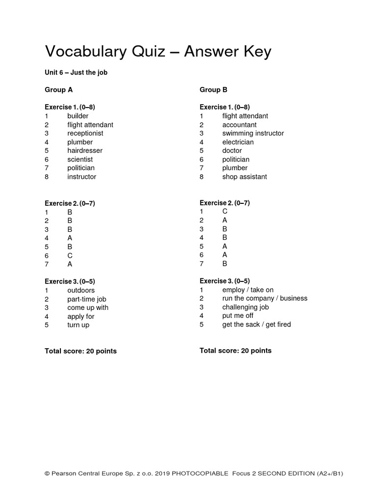 Focus 2 2ed Vocabulary Quiz Unit6 GroupA&B ANSWERS | PDF