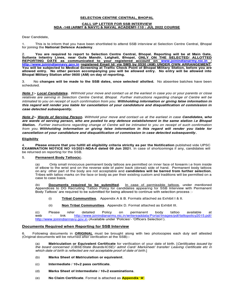 Call Up Letter SCC Bhopal For Nda 148 Army and Navy and Na 110 Jul 2022 ...