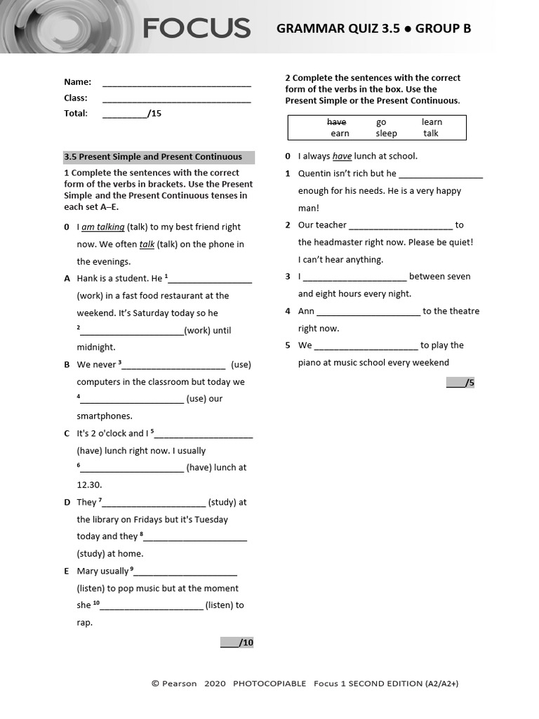 Focus1 2E Grammar Quiz Unit3 5 GroupB | PDF