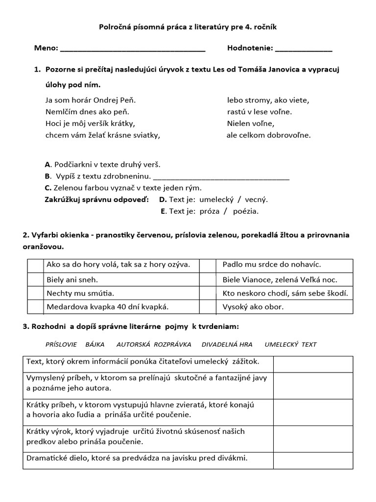 Polročná Písomná Práca Zo Slovenského Jazyka A | PDF