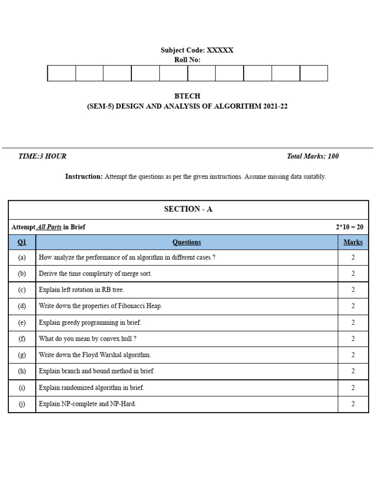 DESIGN AND ANALYSIS OF ALGORITHM Question Paper 21 22 | PDF | Teaching ...
