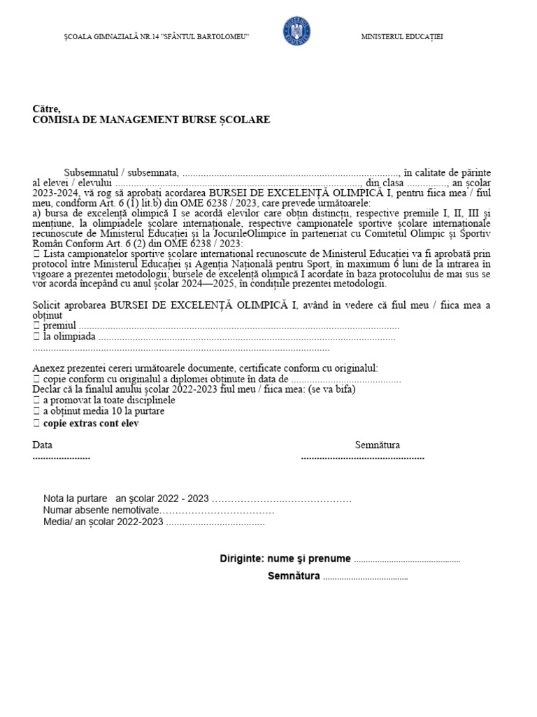 Cerere-Bursa-Excelenta I | PDF
