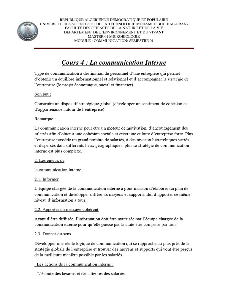 COUR 7 La Communication Interne | PDF