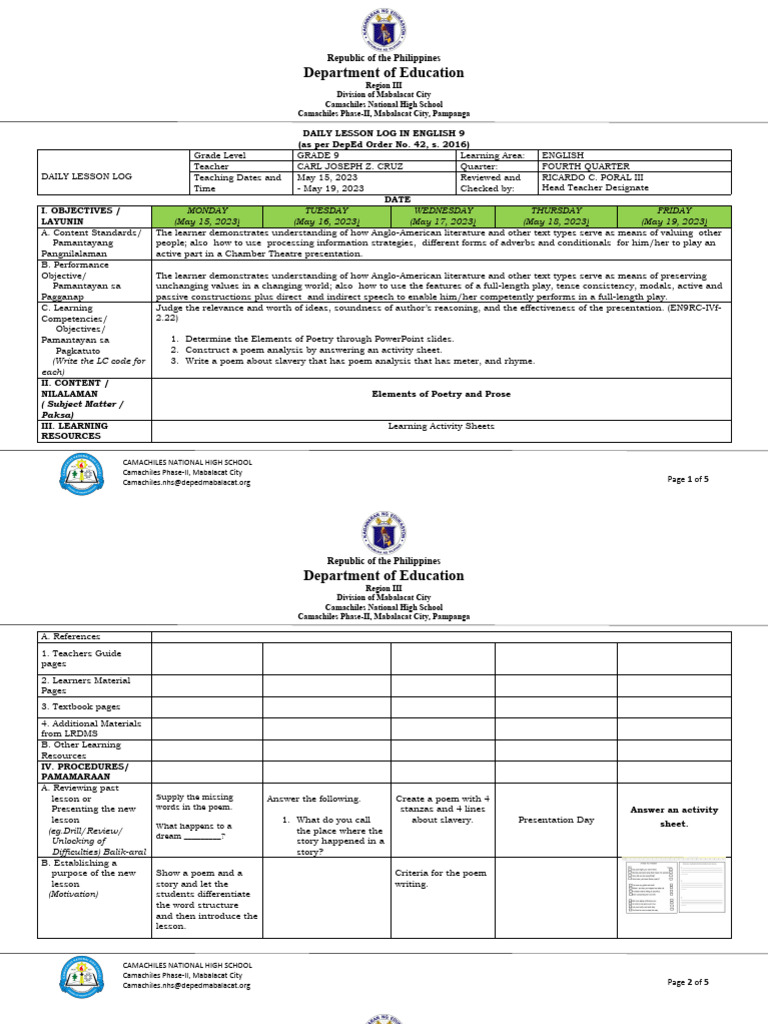 Sample DLL Grade 9 English | PDF