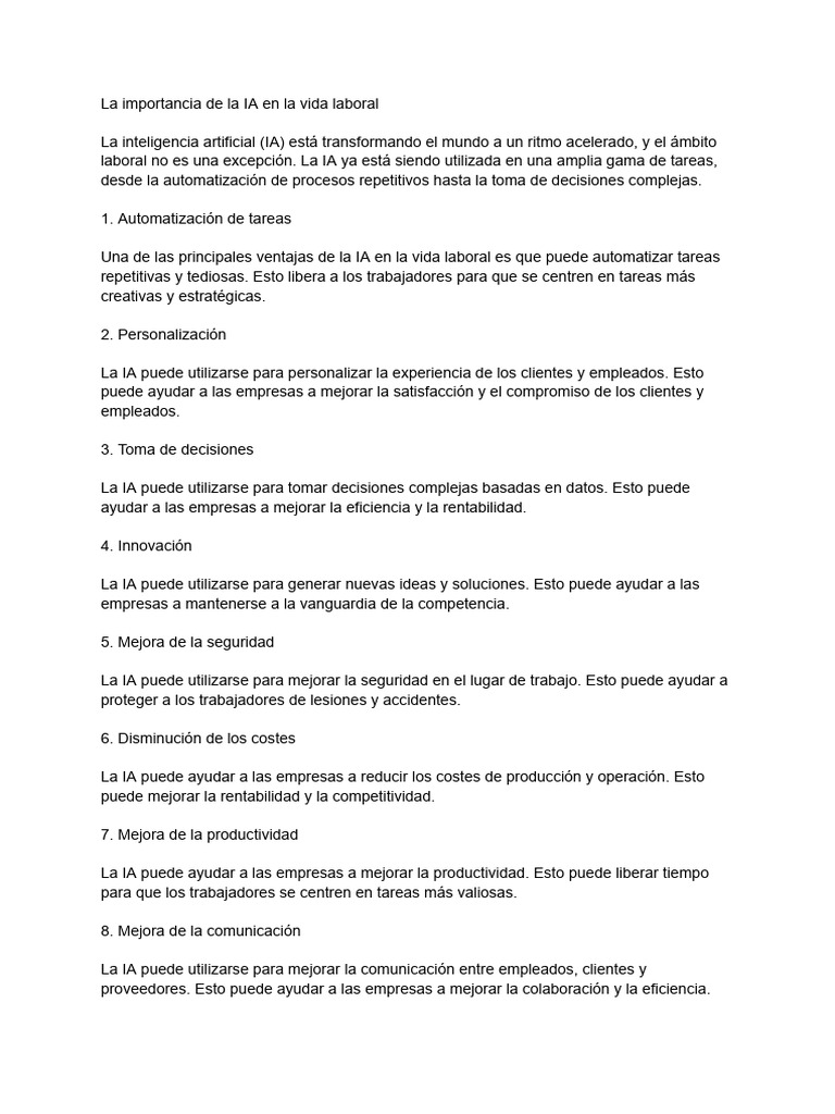 La Importancia de La IA en La Vida Laboral | PDF