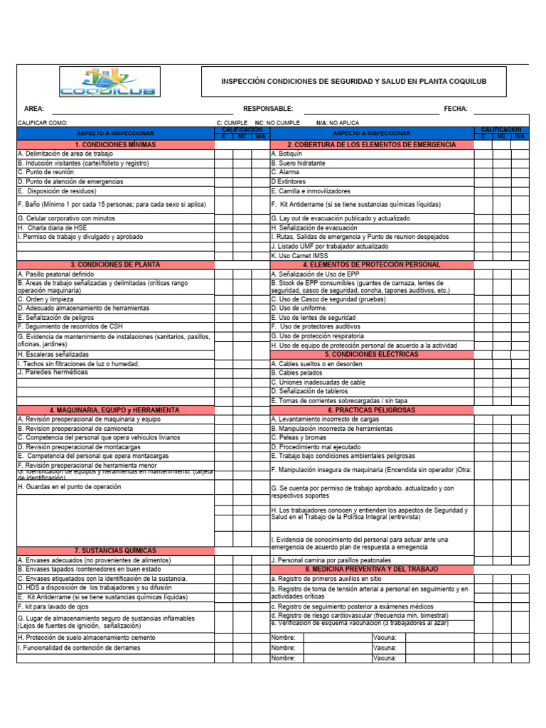 Formato Condiciones de Seguridad y Salud en Planta | PDF