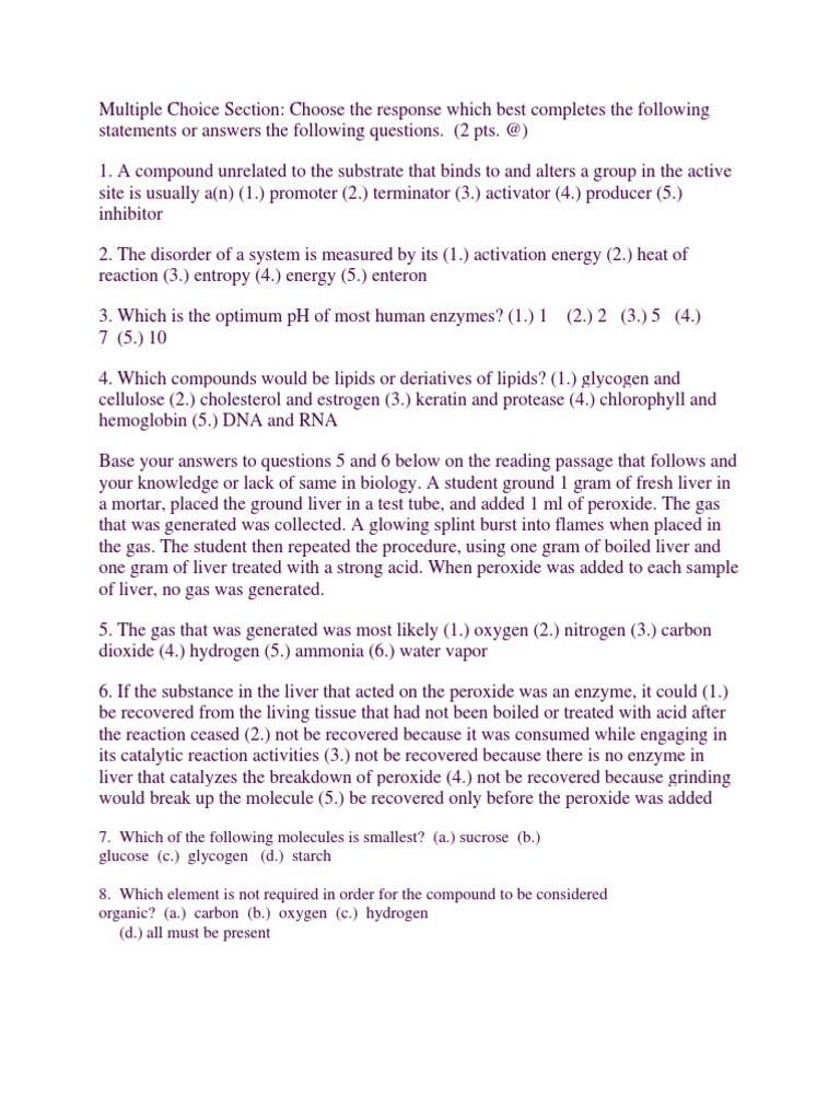 Biochemistry Practice Test Questions | PDF | Biochemistry | Chemistry