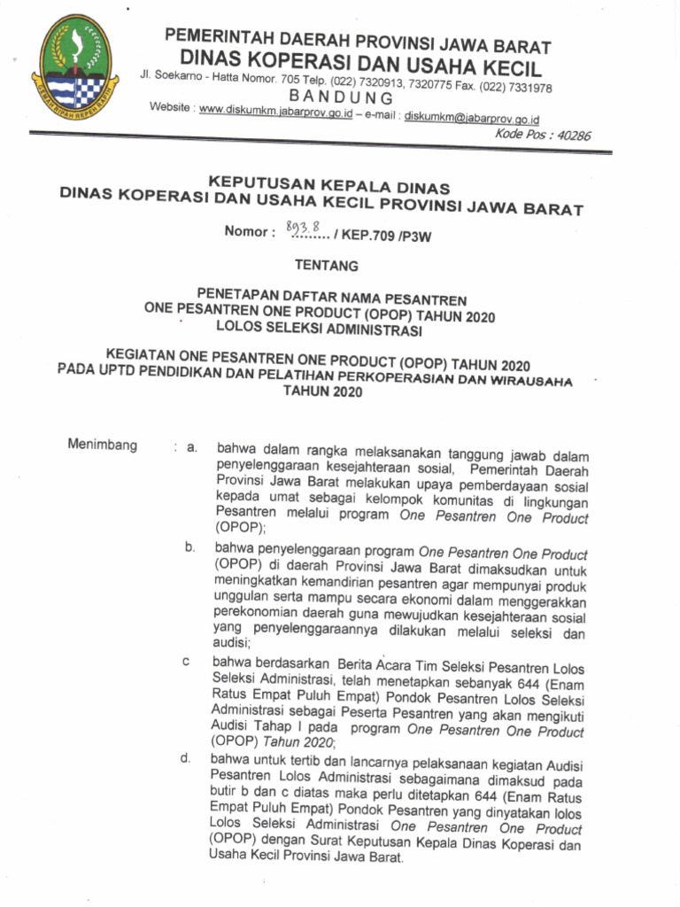 SK Seleksi Adm Calon Peserta Opop 2020 | PDF