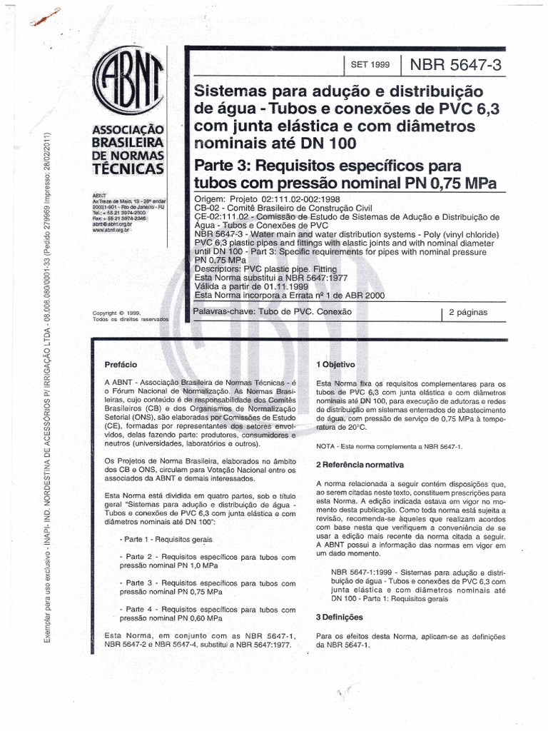 Abnt NBR 5647-3 Tubos e Conexões PVC 6,3 Água | PDF