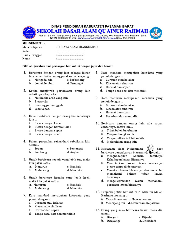 Soal Mid Budaya Alam Minangkabau | PDF