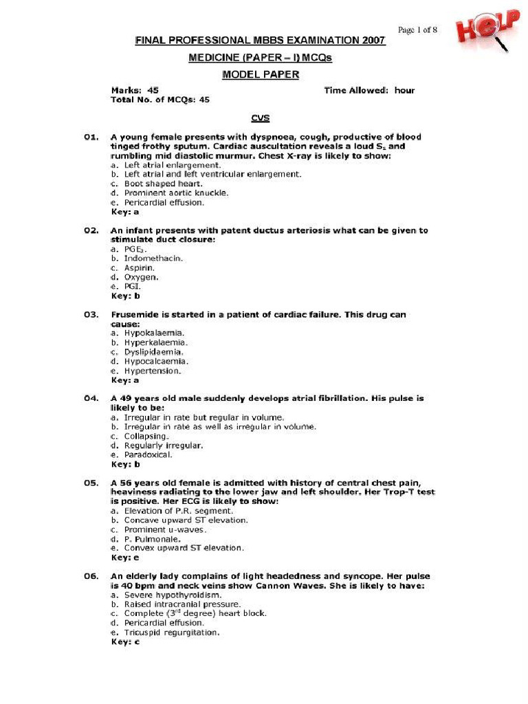 201601medicine I MCQ Model Paper 2007 PDF | PDF