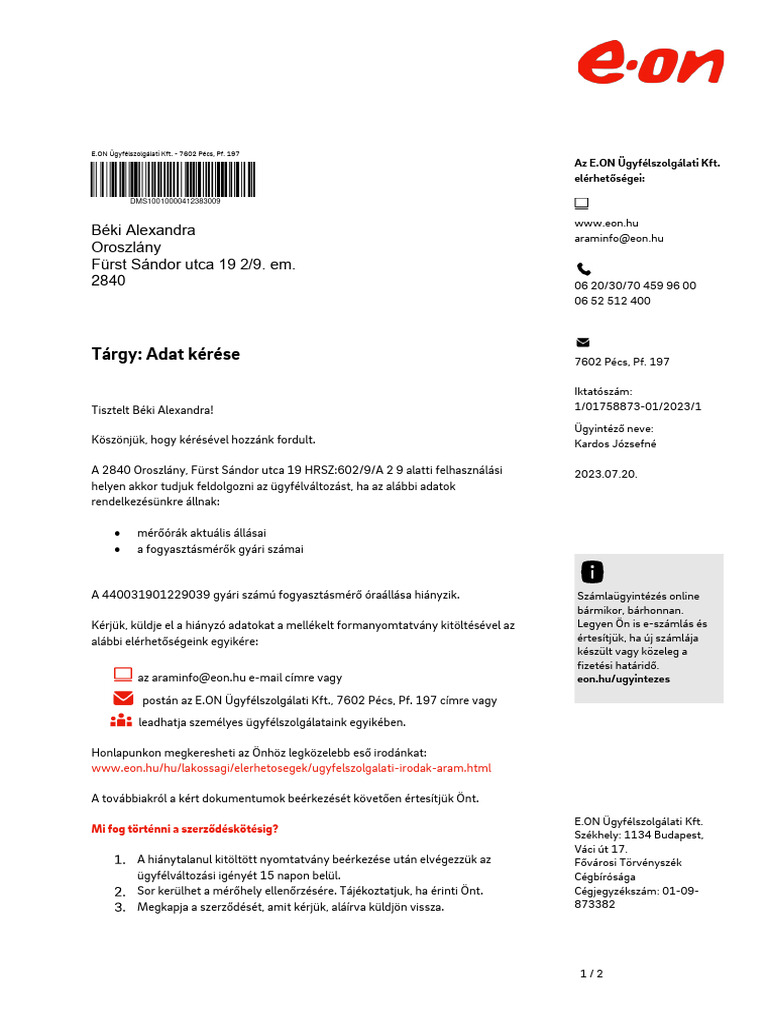 Tárgy: Adat Kérése: Béki Alexandra Oroszlány Fürst Sándor Utca 19 2/9. Em. 2840 | PDF