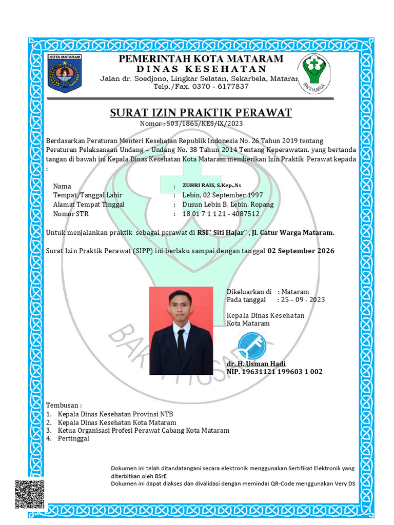 Surat Izin Praktik Perawat: Pemerintah Kota Mataram | PDF