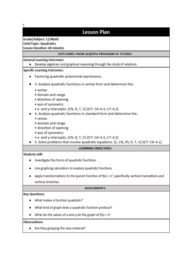 Quadratics Lesson Plan 9 | PDF