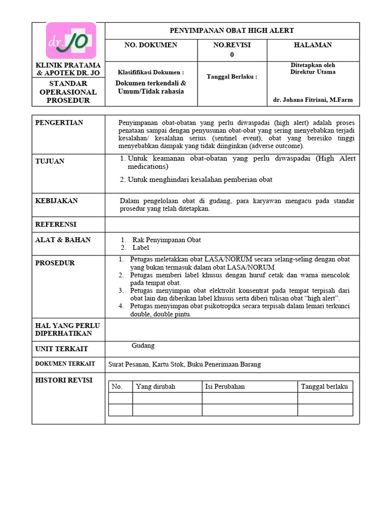 Sop Penyimpanan Obat High Alert Pdf