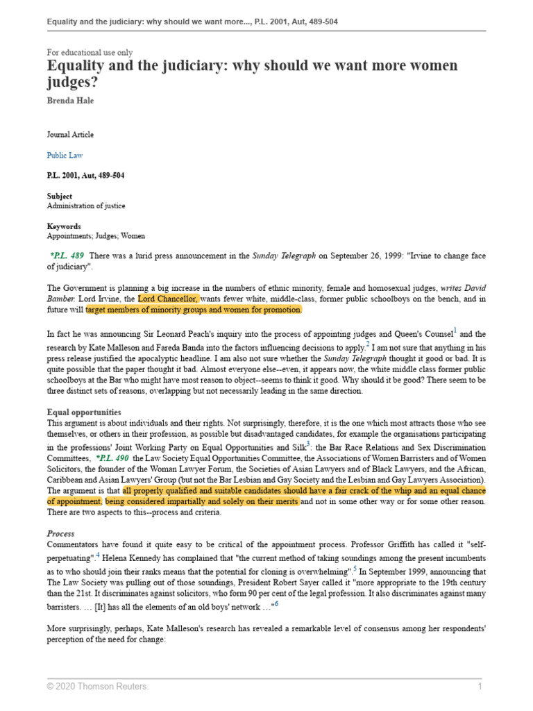 Equality and The Judiciary Why Should We Want More Women Judges | PDF