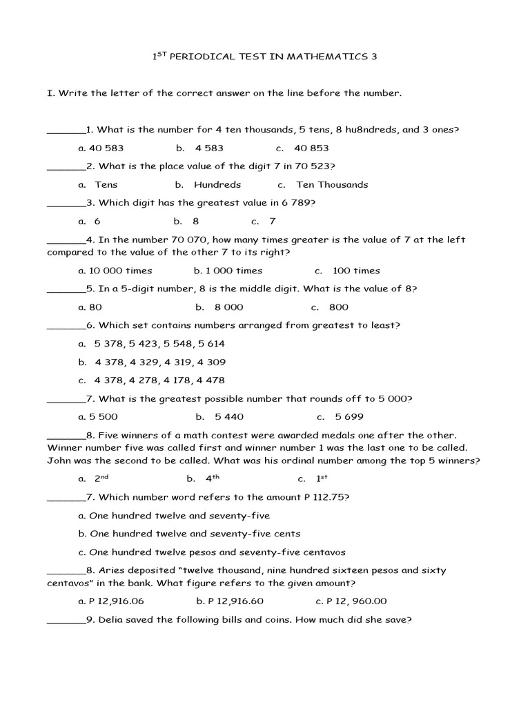 1st Periodical Test in Mathematics 3 - Compress | PDF | Home & Garden