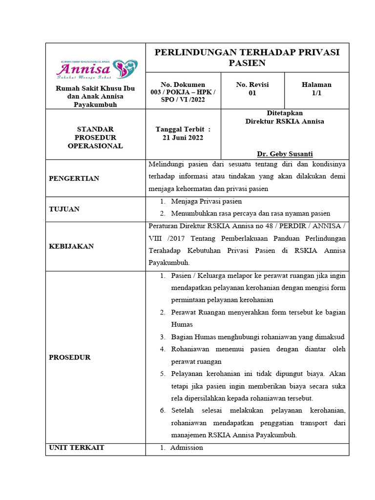 003 - Spo HPK - Perlindungan Terhadap Privasi Pasien | PDF