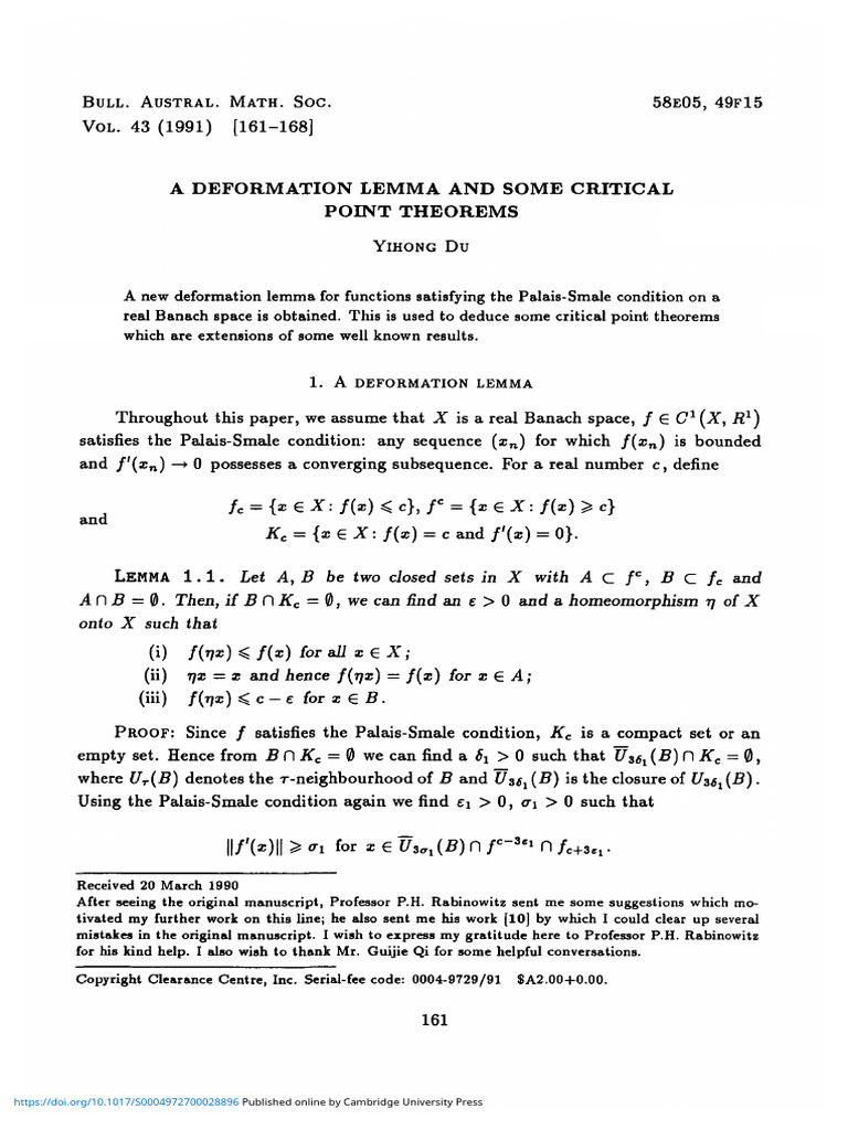 Div Class Title A Deformation Lemma and Some Critical Point Theorems Div | PDF