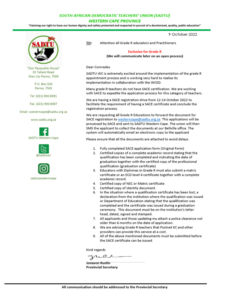 Grade R SACE Registration - 1 | PDF