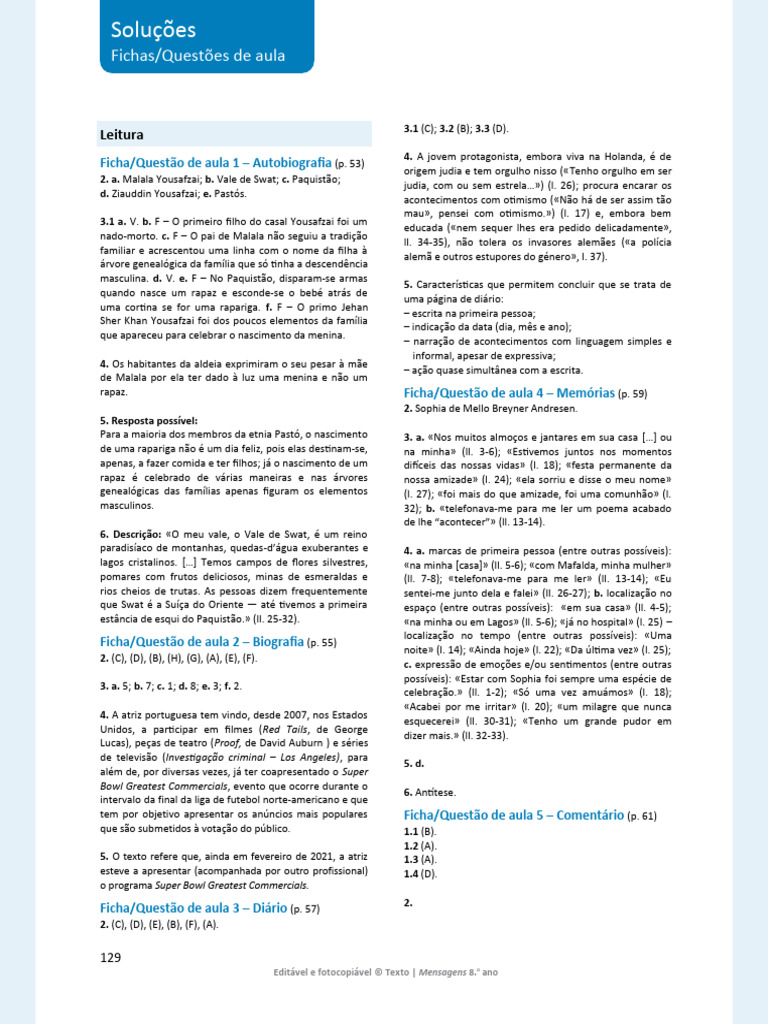 Soluções - Fichas/Questões de Aula (Leitura) | PDF | Portugal