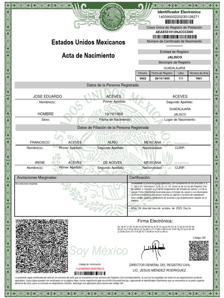 Acta de Nacimiento de José Aceves | PDF | Modelo de datos ...