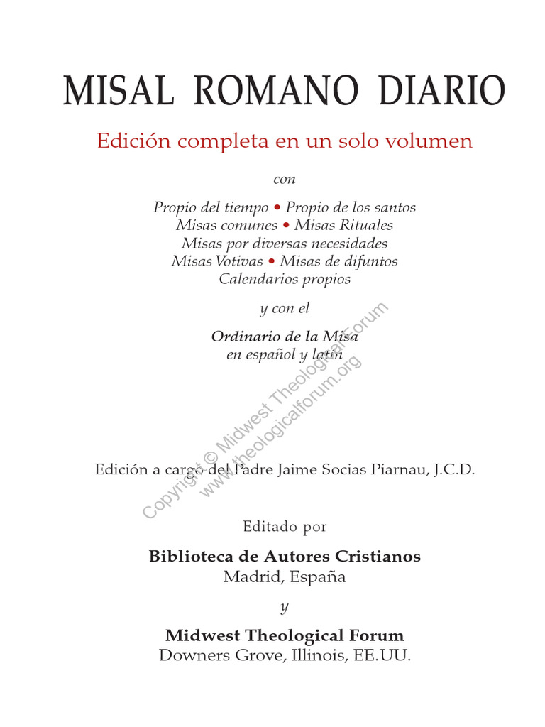 MISAL ROMANO DIARIO. Editado Por. Biblioteca de Autores Cristianos Madrid, España | PDF