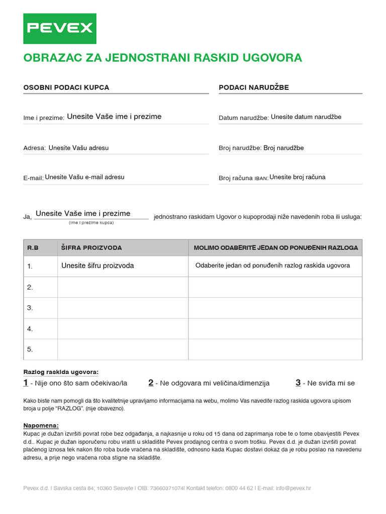 Pevex Obrazac Za Jednostrani Raskid Ugovora-Digital-Form-1 | PDF