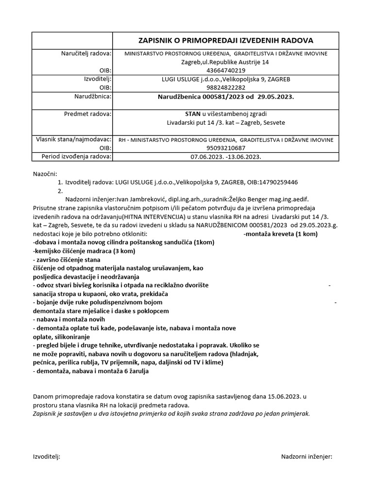 ZAPISNIK O PRIMOPREDAJI - Livadarski Put 14 3. - Kat - Zagreb, Sesvete, Sukladno Ponudi Broj ...