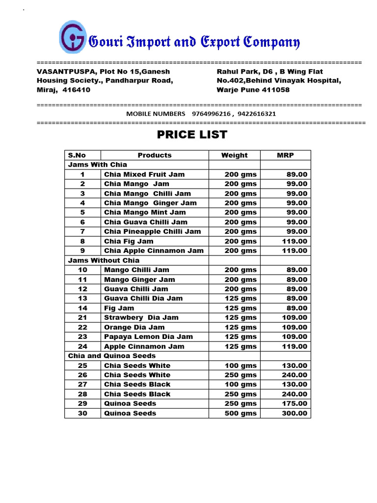 Jams Price List | PDF | Fruit Preserves | Food Industry