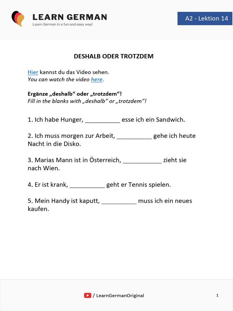 A2 Lesson 14 Deshalb Oder Trotzdem | PDF