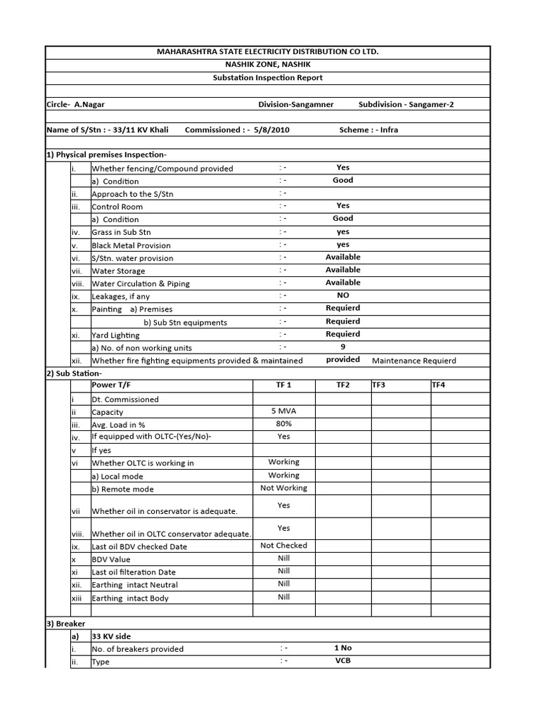 Substation Inspection Report - Khali | PDF | Equipment | Electronics