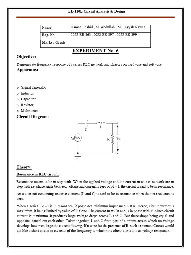 CAD LAB 6 RLC Completed | PDF | Electrical Impedance | Electrical Network