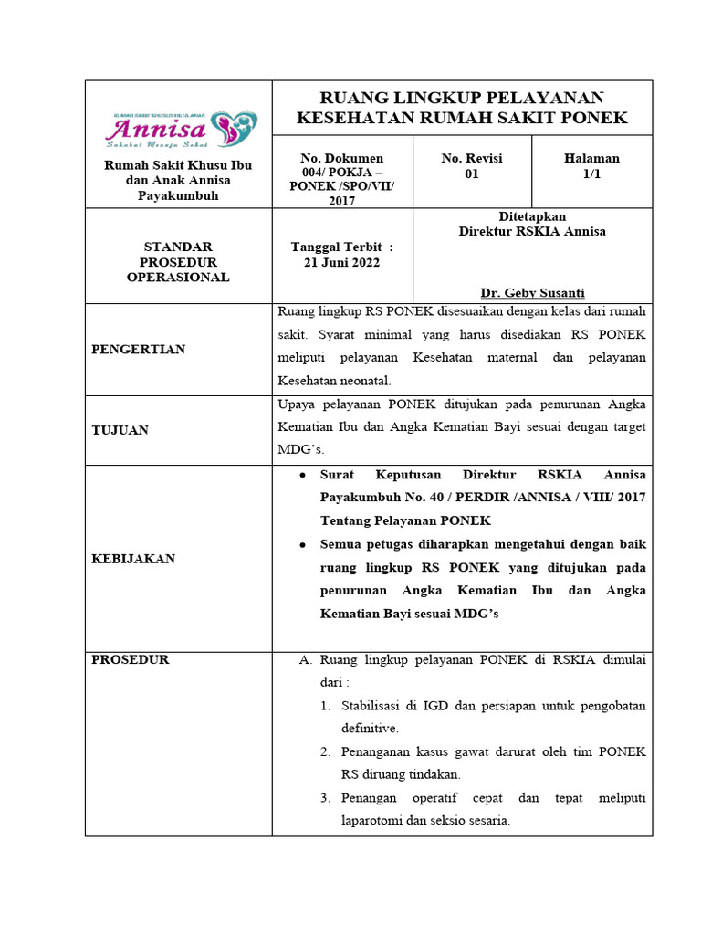 004 - Ponek - Spo Ruang Lingkup Pelayanan Kesehatan Rumah Sakit Ponek | PDF 004 - Ponek - Spo Ruang Lingkup Pelayanan Kesehatan Rumah Sakit Ponek | PDF