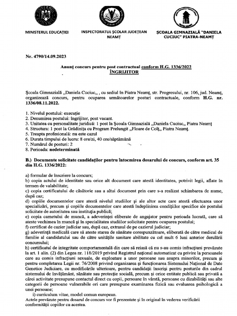 Anunț Concurs Pentru Post Contractual - InGRIJITOR | PDF