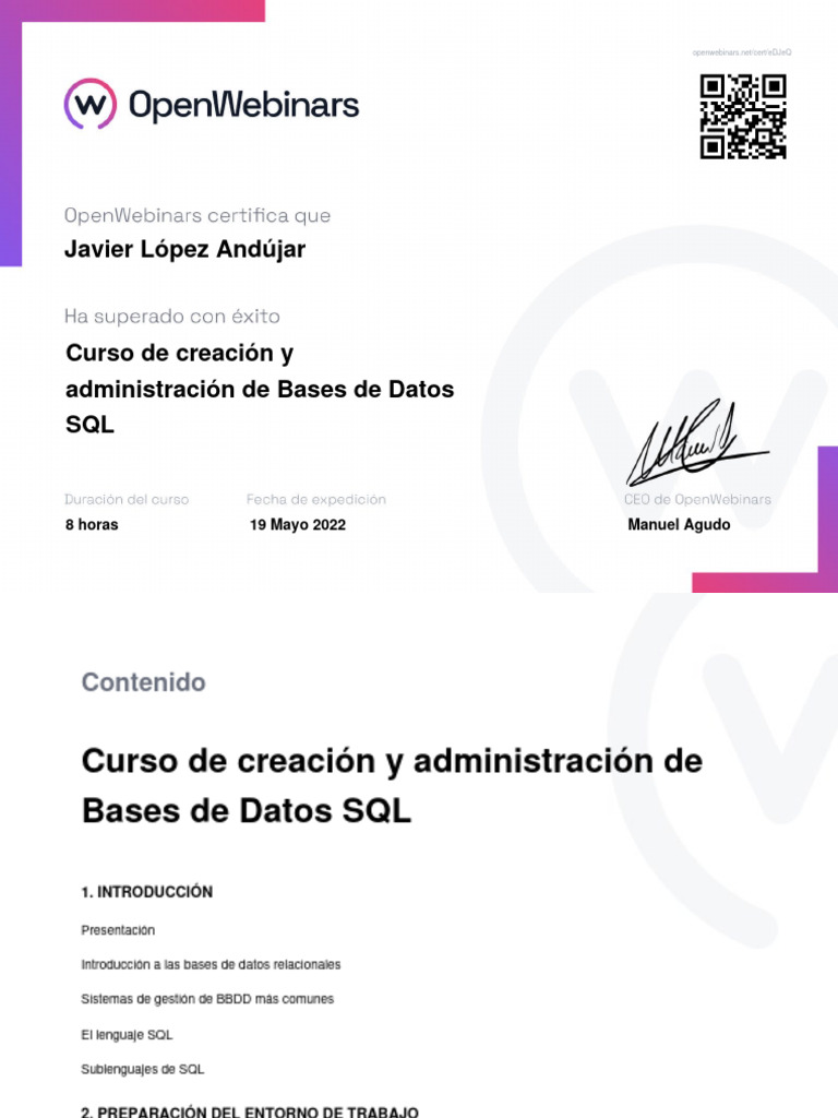 Certificado Curso de Creación y Administración de Bases de Datos SQL | PDF