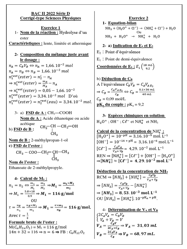 Corrigé-Type SP BAC 2 D (2022) | PDF | Les branches de thermodynamique | Physique appliquée et ...