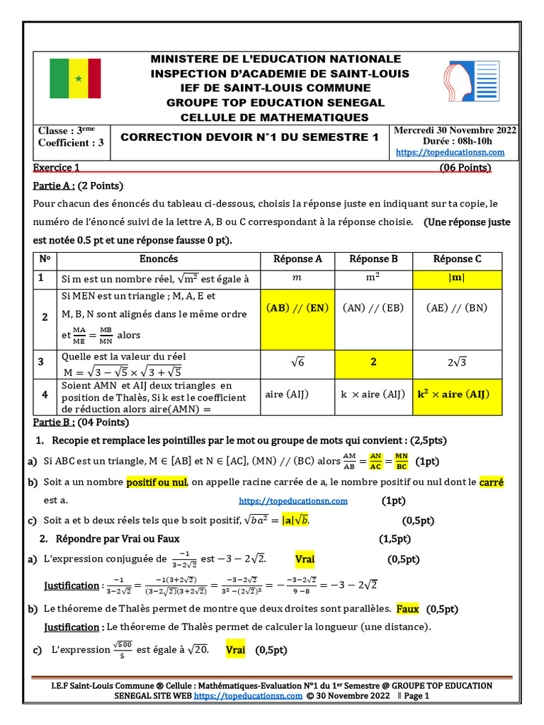 Correction Evaluation N1 Mathematiques 3e 2022 2023 1 | PDF