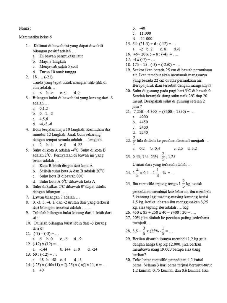Matematika Kelas 6 Sem 1 | PDF